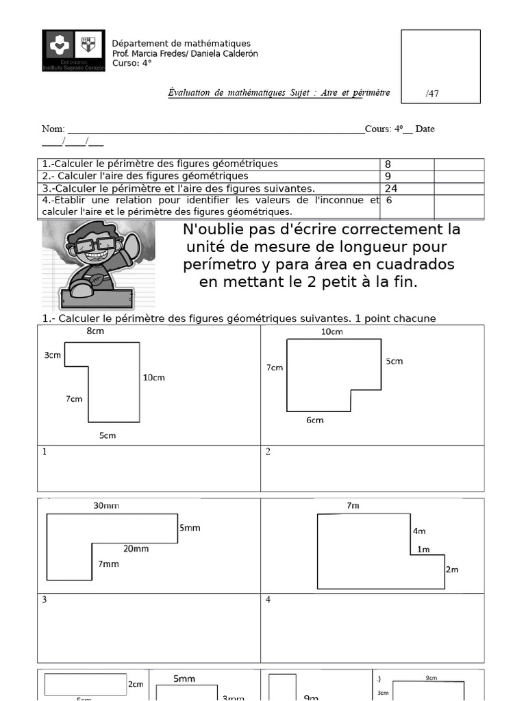 Évaluation : Aire et Périmètre en Mathématiques | PDF