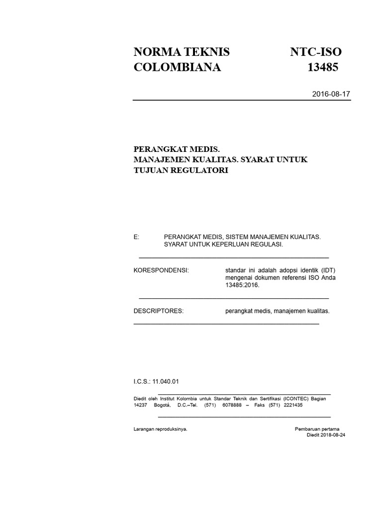 NORME TEKNIS KOLOMBIA NTC-ISO 13485 | PDF