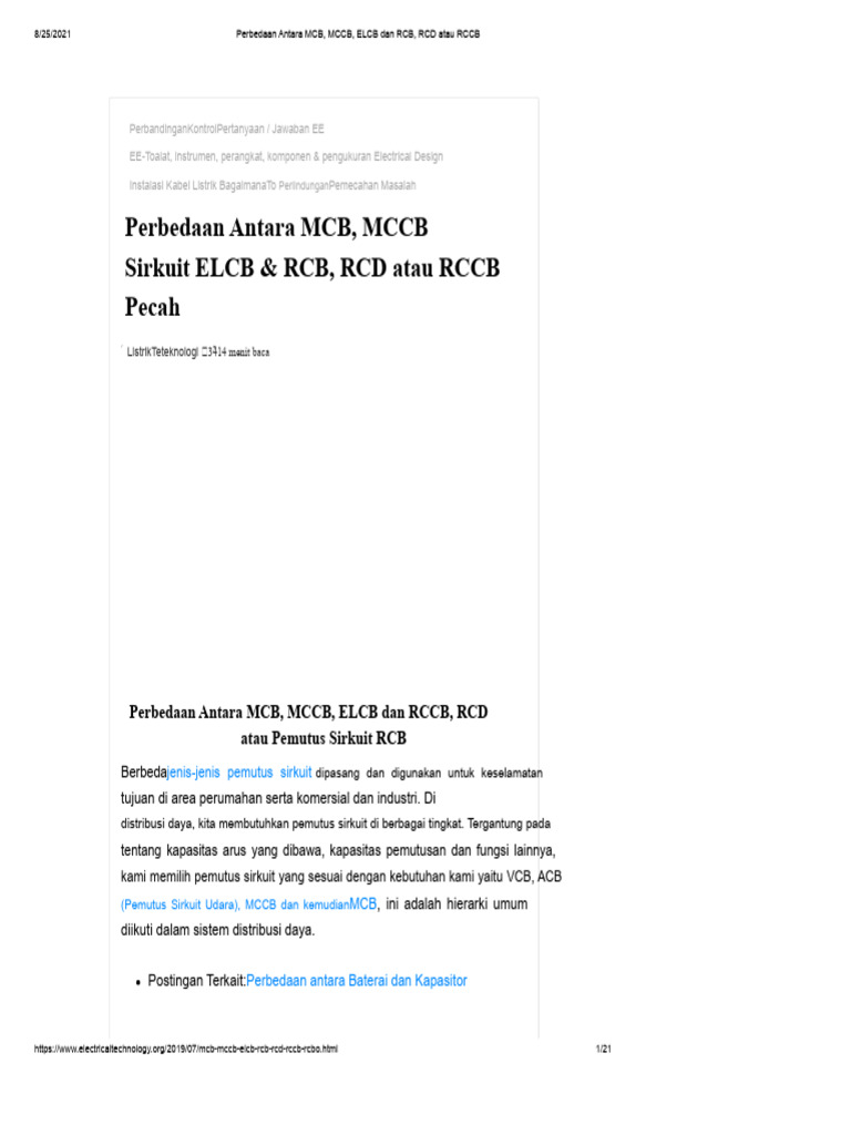Perbedaan MCB, MCCB, ELCB, RCCB | PDF