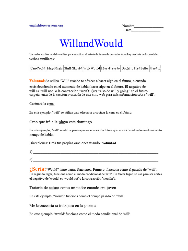 Verbos auxiliares modales - Will y Would | PDF | Verbo