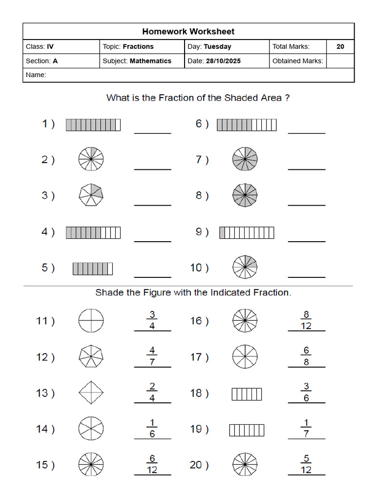 Grade 4 - Mathematics - Worksheet - Fractions | PDF