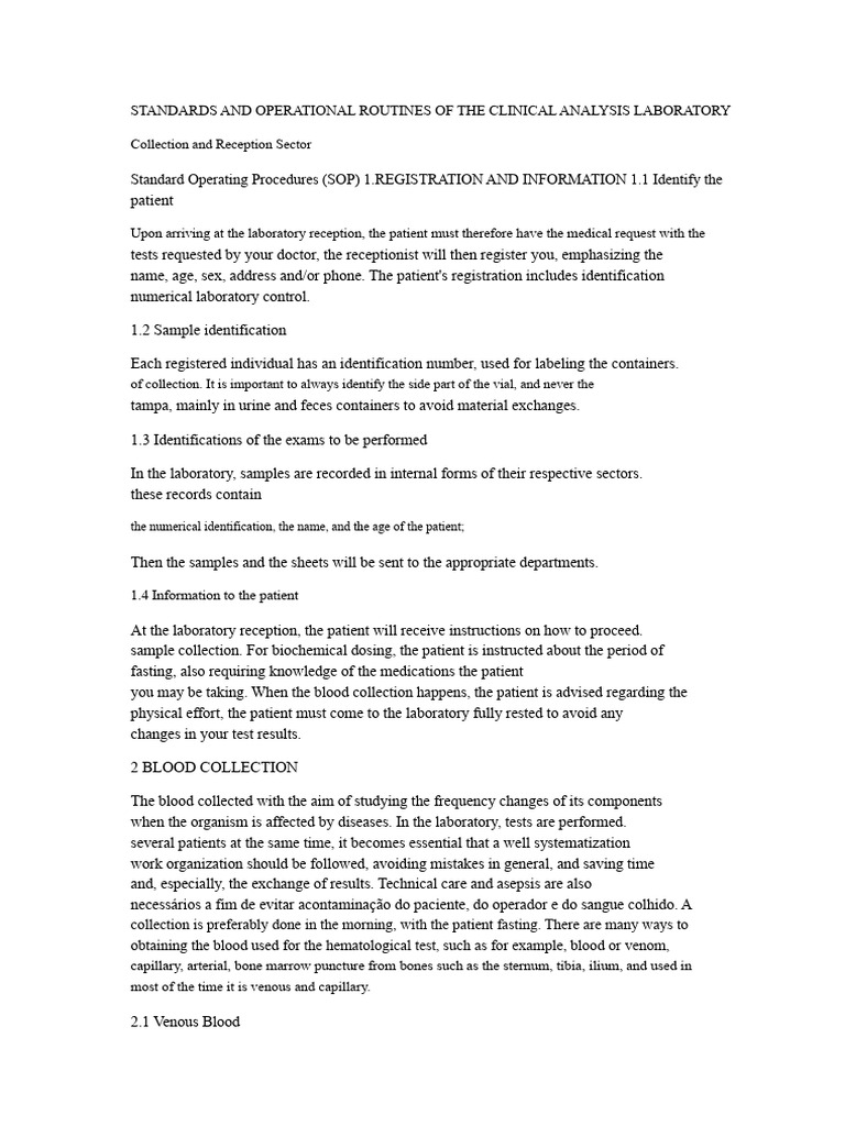 Clinical Analysis Lab SOPs and Procedures | PDF | Staining | Blood