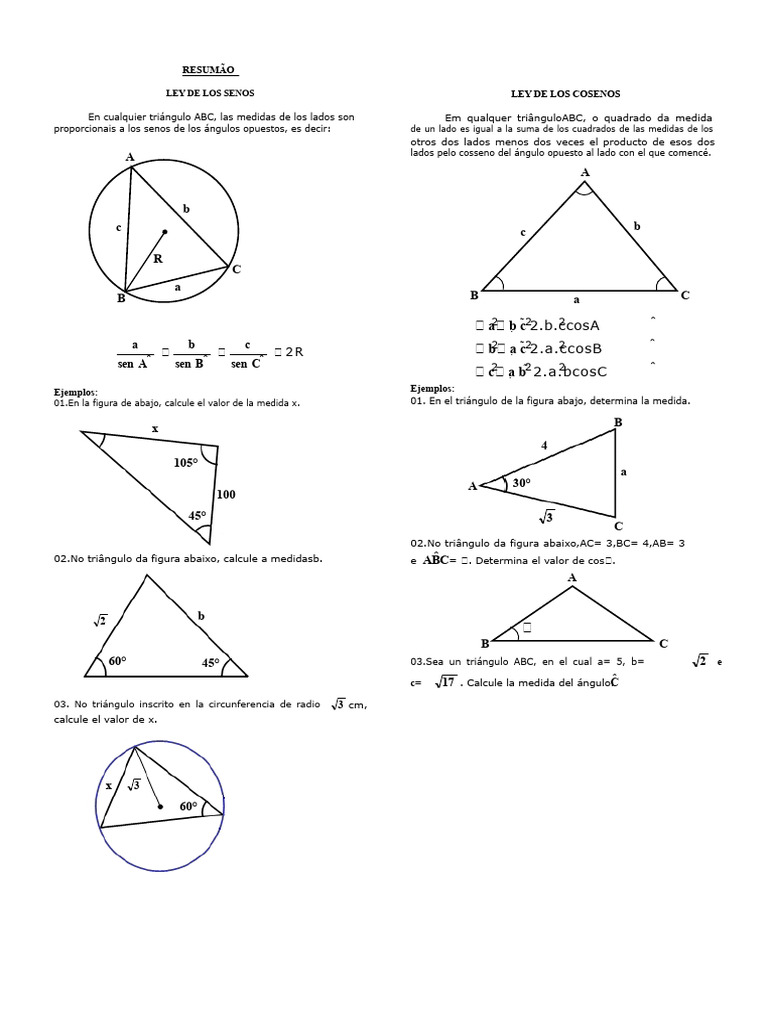 Ejercicios Ley de Senos y Cosenos | PDF | Triángulo | Funciones trigonométricas