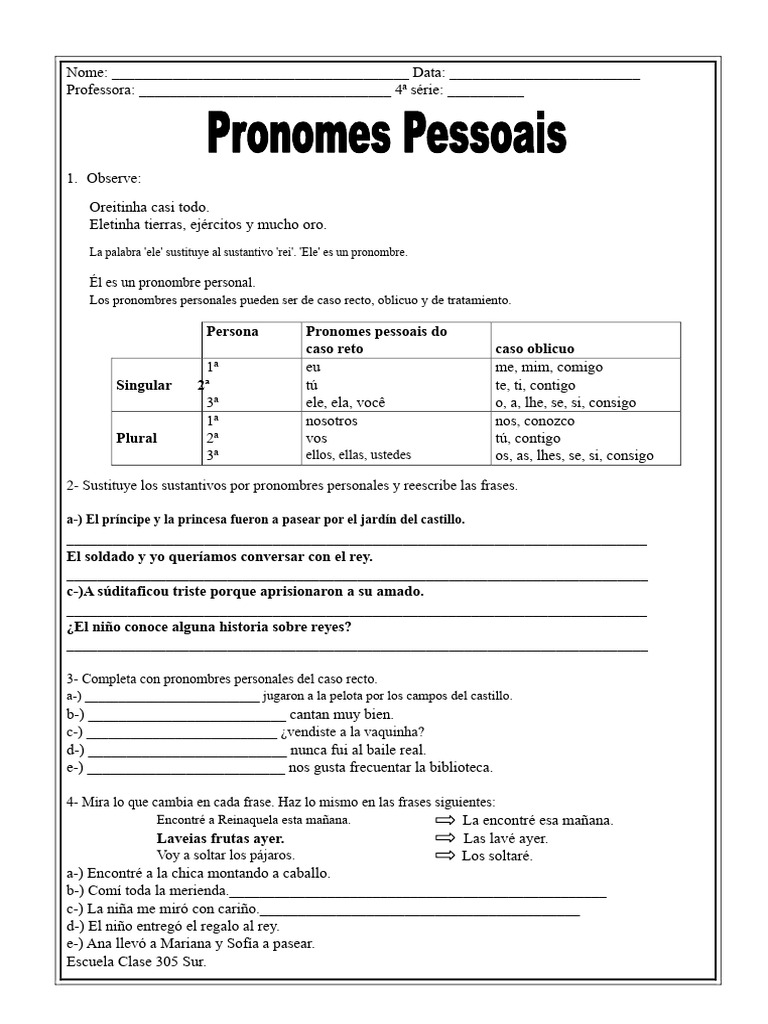 Pronombres personales en español: ejercicios prácticos | PDF ...
