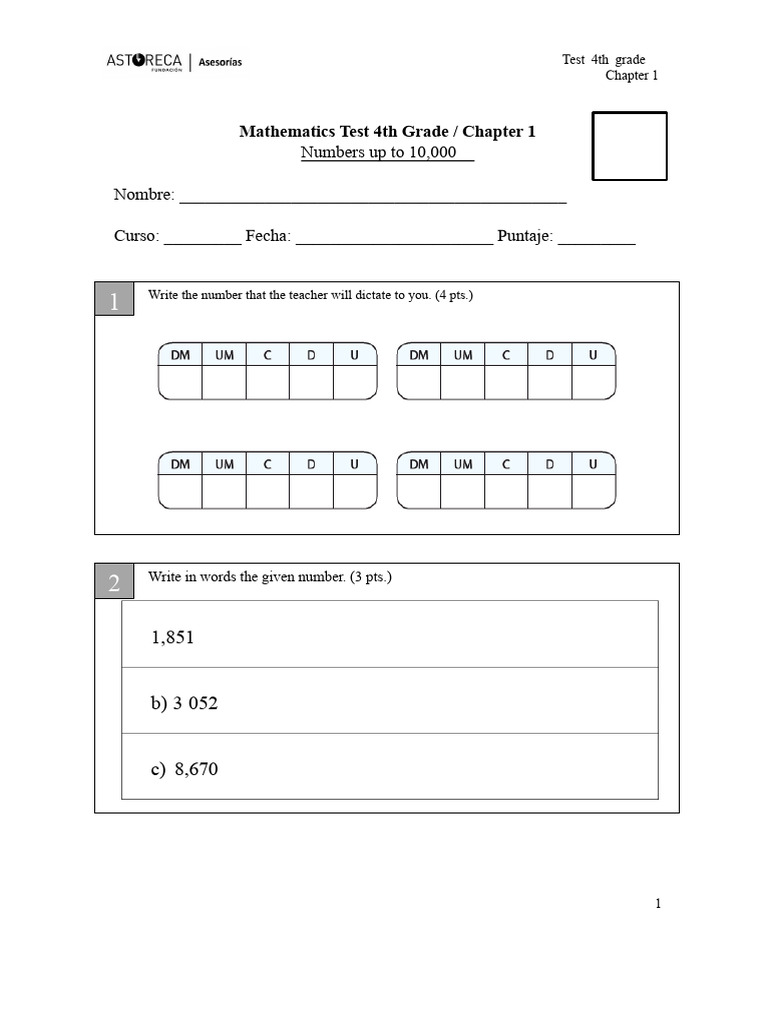 Test 4th Grade Chapter 1 Numbers up to 10,000 | PDF | Mathematics