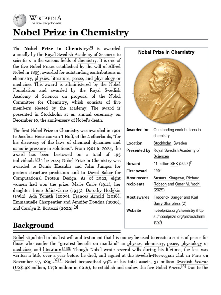 Nobel Prize in Chemistry Overview | PDF | Nobel Prize | Swedish Awards