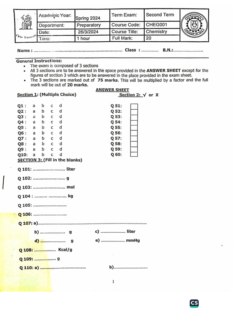 Chemistry Mid Spring 24 | PDF