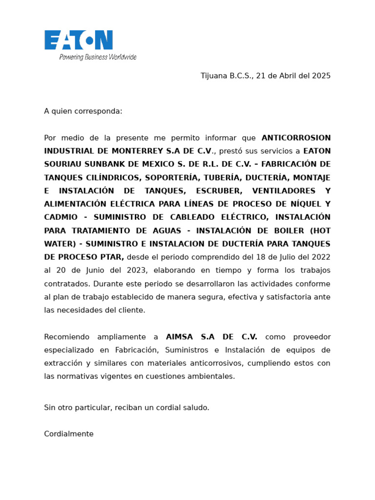 Informe de Servicios de AIMSA a EATON | PDF