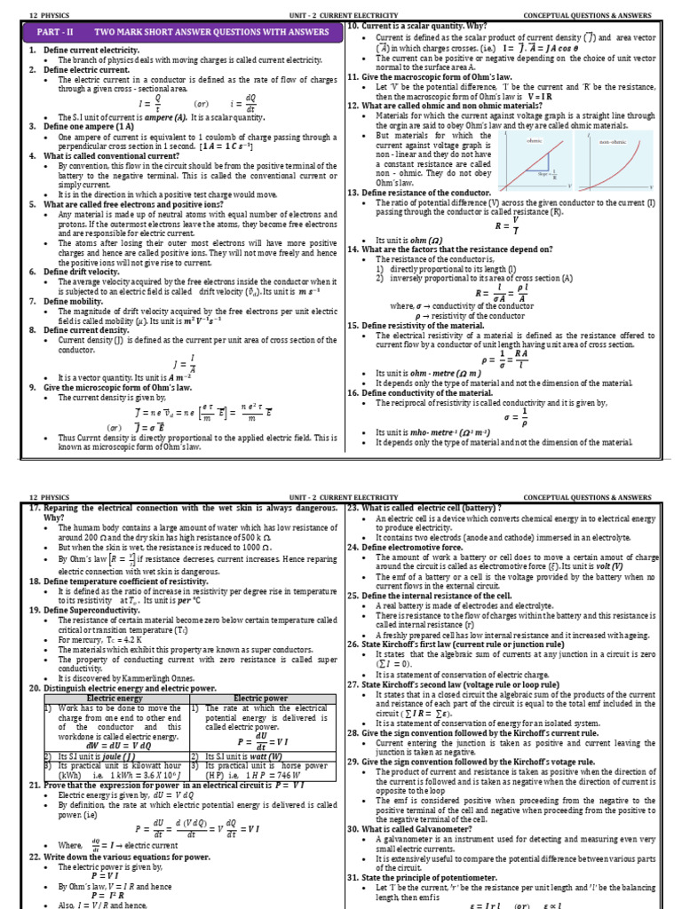 Current Electricity: Key Concepts & Q&A | PDF | Electric Current ...