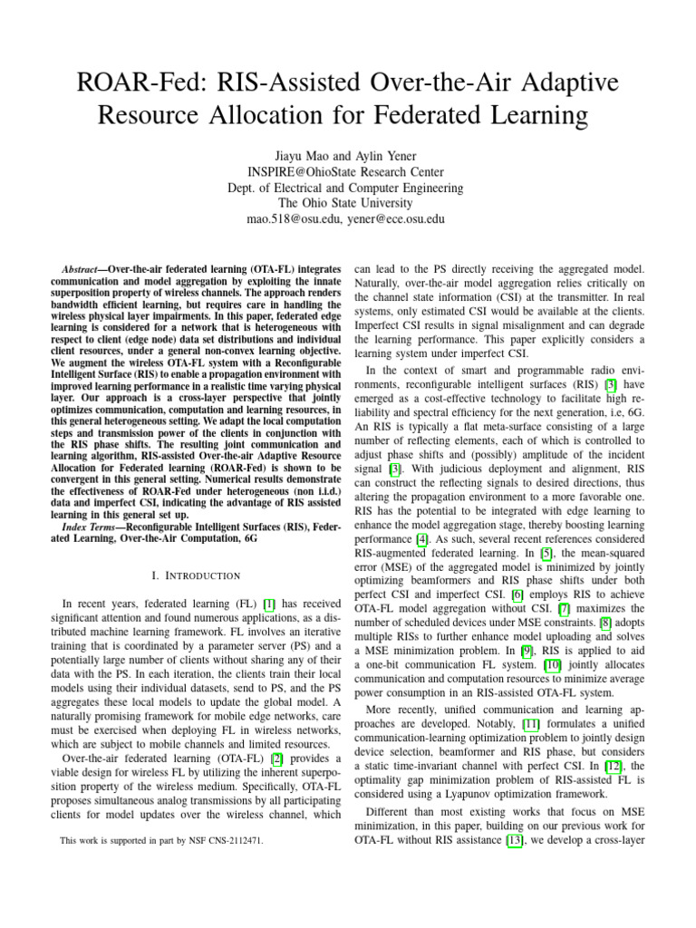 RIS-Assisted Over-The-Air Adaptive Resource Allocation for Federated Learning | PDF | Applied ...