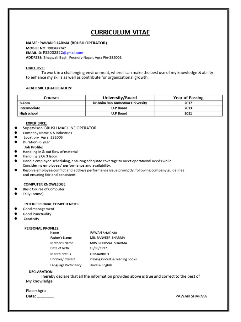 Pawan Sharma - Brush Operator CV | PDF