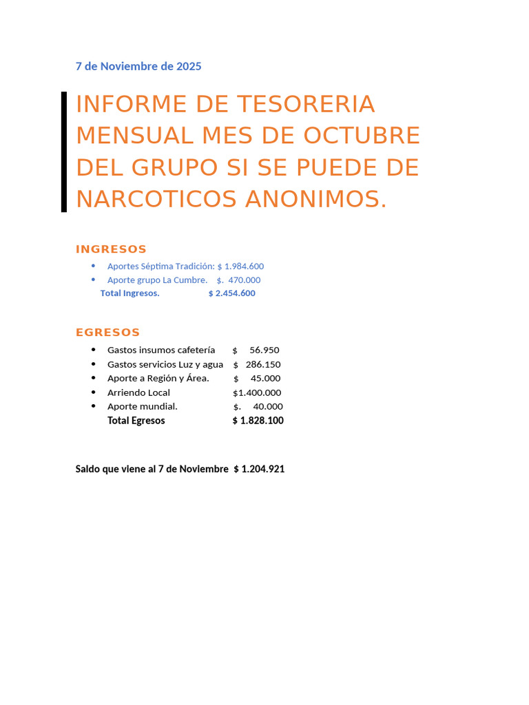 Informe Tesoreria Mes de Octubre | PDF