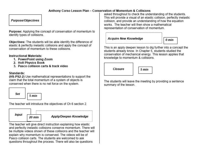Conservation of Momentum Lesson Plan | PDF | Momentum | Collision