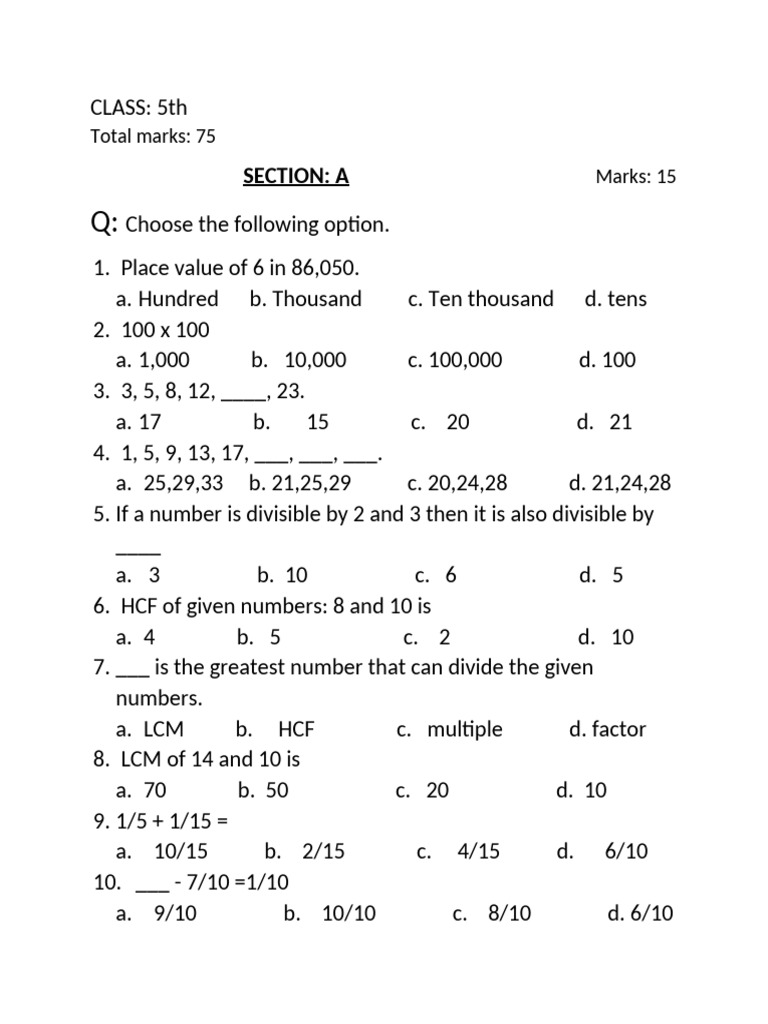Class 5 Math Paper AFSSC | PDF | Number Theory | Arithmetic
