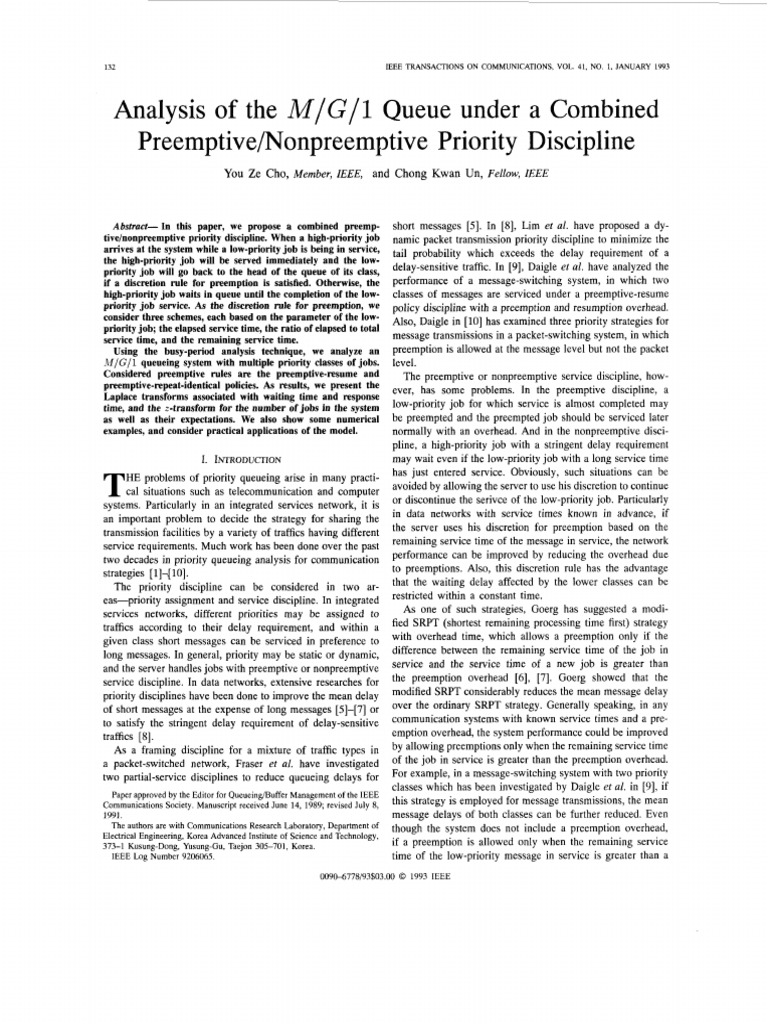 Analysis of The M G 1 Queue Under A Combined Preemptive Nonpreemptive ...
