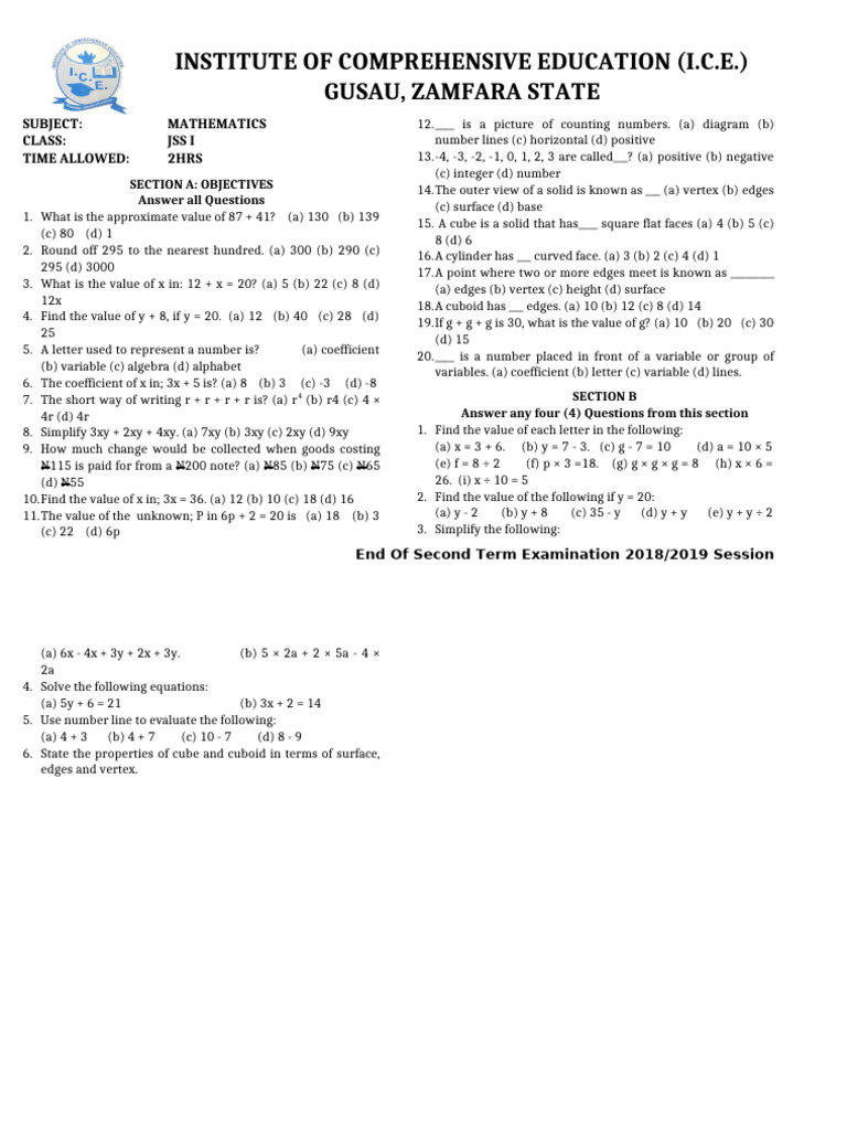 MATHS Jss 1 | PDF | Numbers | Algebra