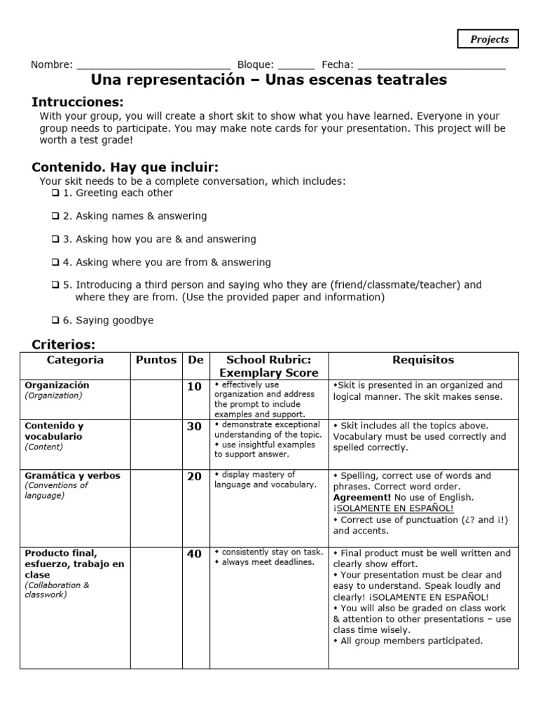 Skit Project Rubric Author Cuaderno Español | PDF | Linguistics | Human ...