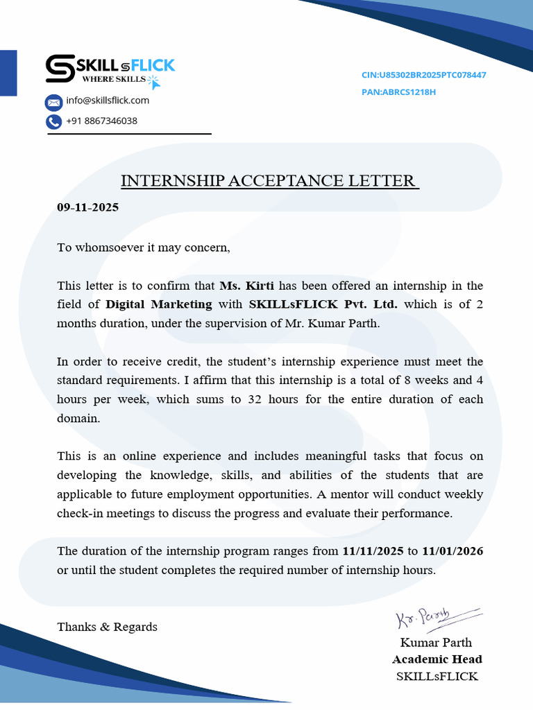 Kirti's Internship Acceptance Letter | PDF