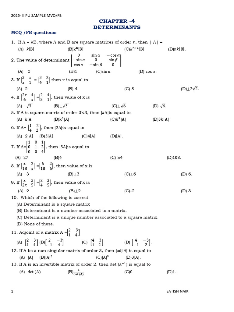 2025 II PU Sample Questions on Determinants | PDF | Matrix (Mathematics ...
