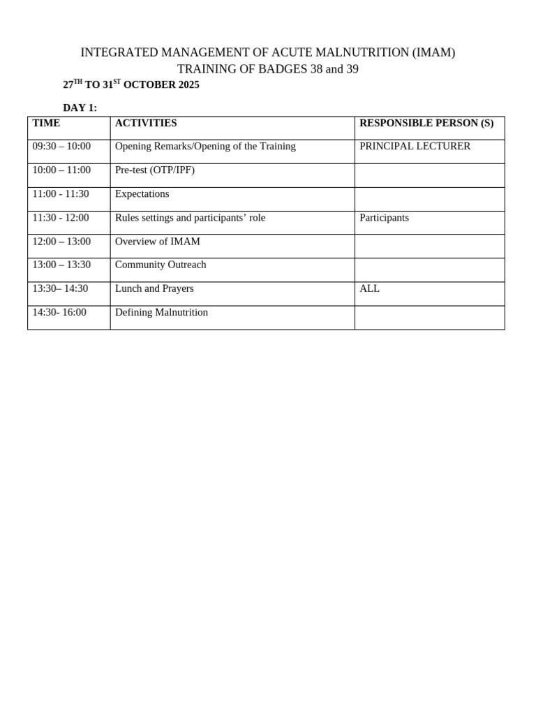 Time Table For Imam Training | PDF | Malnutrition | Nutrition