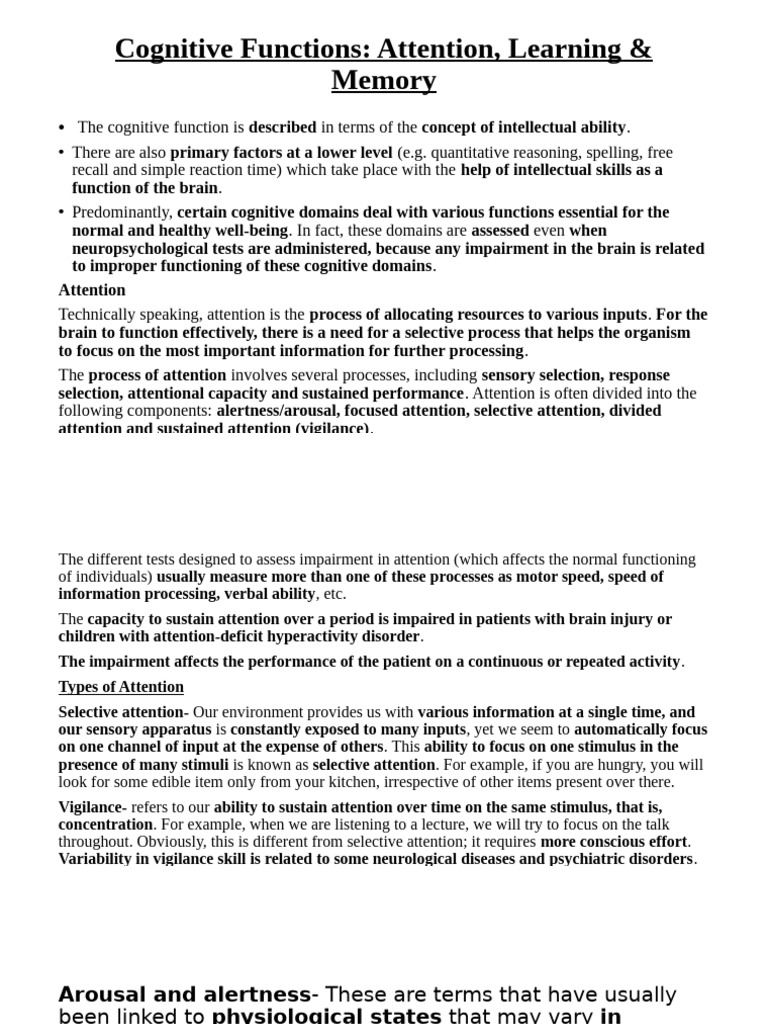 Cognitive Functions Attention Learning Memory Pdf Attention Memory