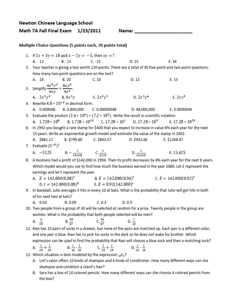 7th Grade Math Final Exam Questions | PDF | Mathematical Analysis ...