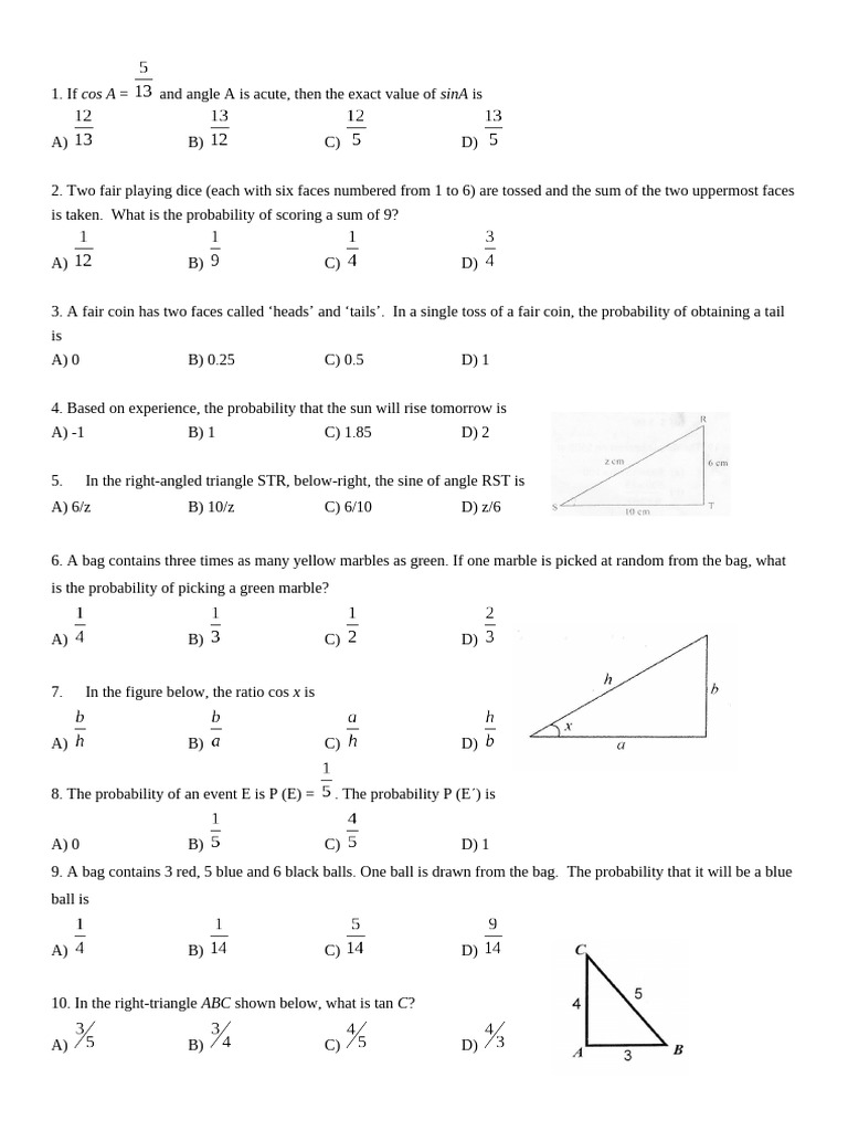 Probability and Trigonometry Questions | PDF | Probability