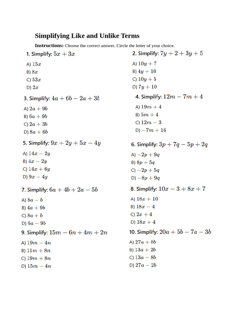 Simplifying Like and Unlike Terms Worksheet | PDF