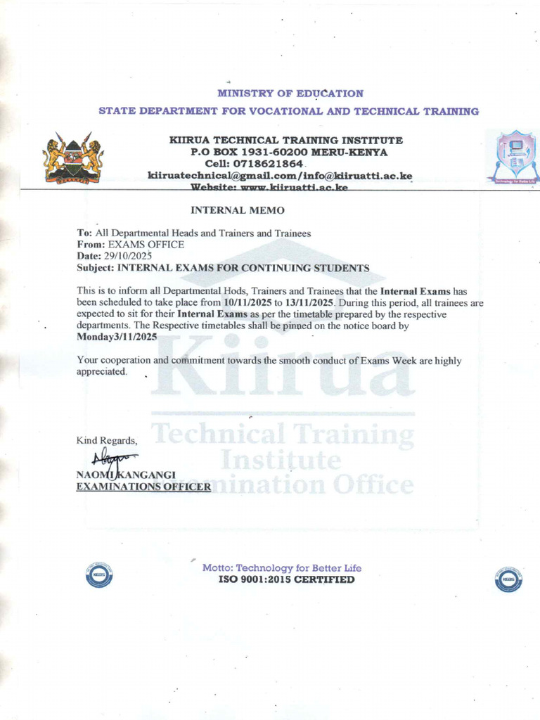 Internal Exams Memo | PDF