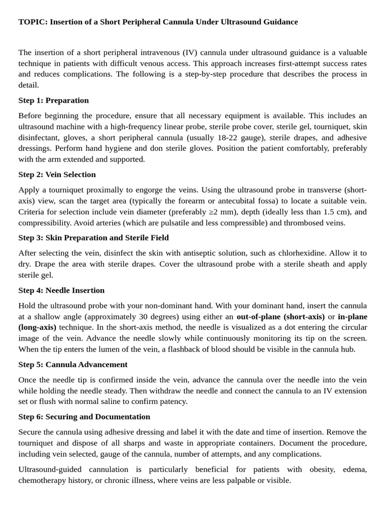 Insertion of A Short Peripheral Cannula Under Ultrasound Guidance | PDF ...