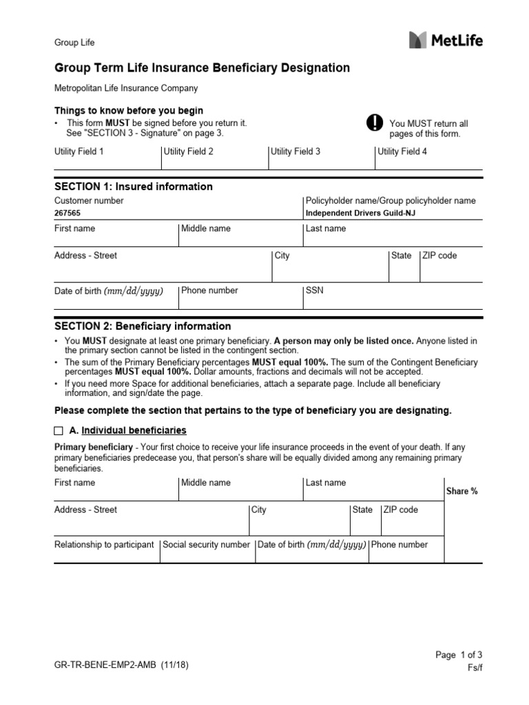 Group Life Insurance Beneficiary Form | PDF | Insurance | Will And ...