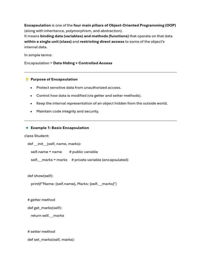 Encapsulation | PDF | Method (Computer Programming) | Class (Computer Programming)