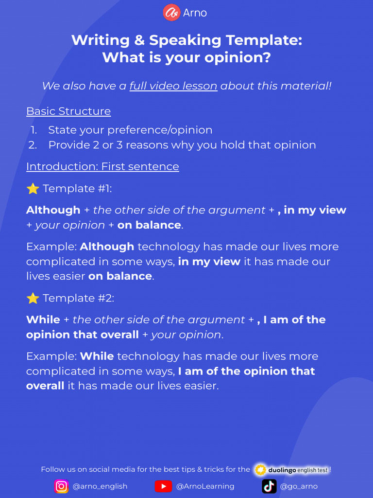 Writing & Speaking Template - What Is Your Opinion | PDF