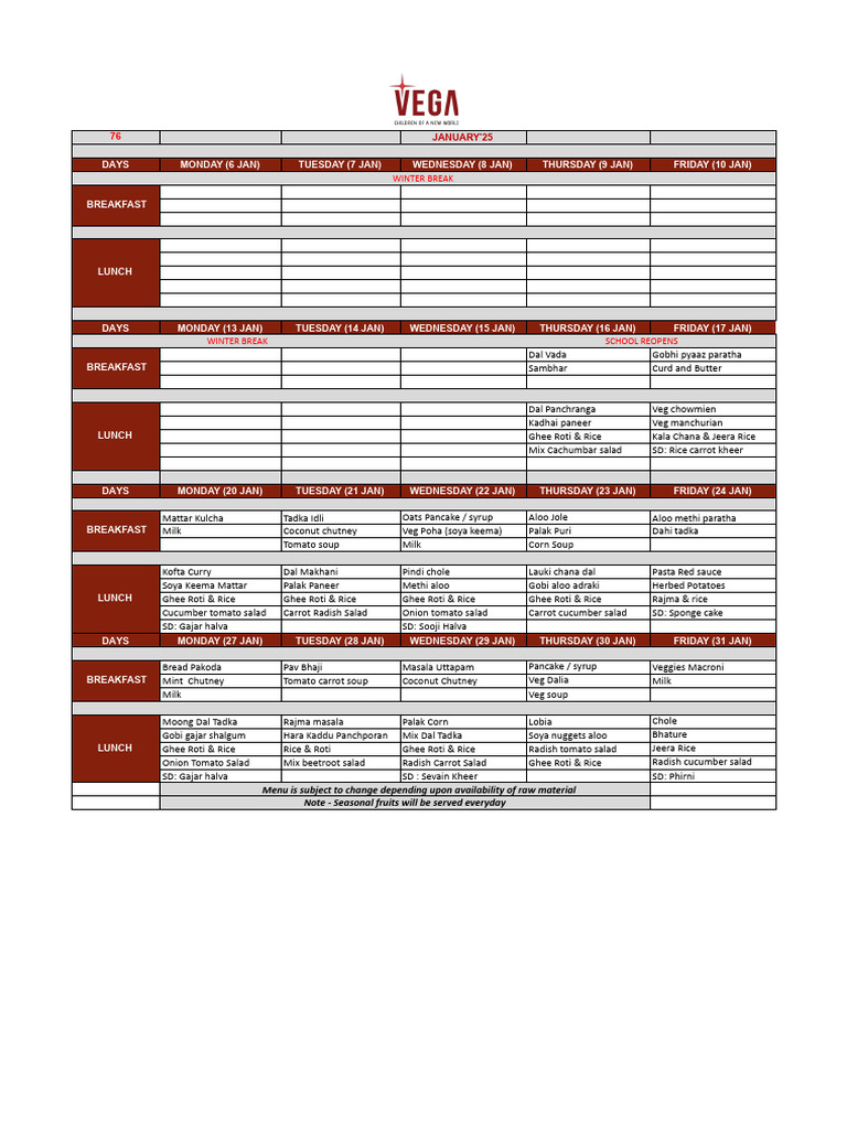 Vega 76 Menu (Jan25) .XLSX - Sheet 1 | PDF | Lunch | Chutney