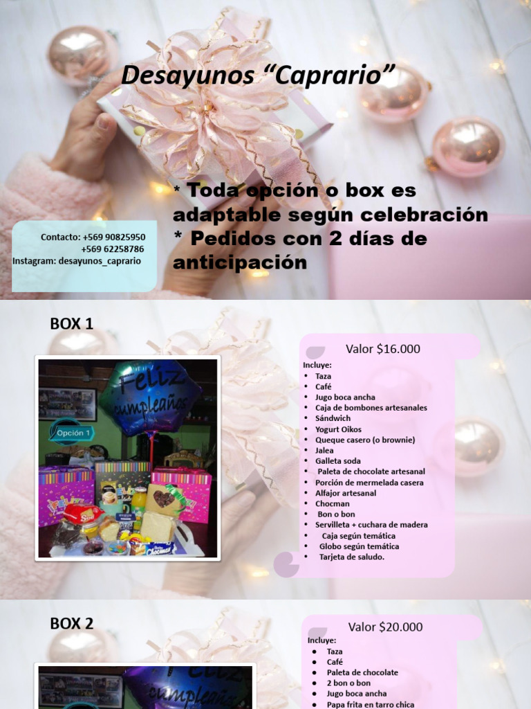 Desayunos y Boxes Personalizados Caprario | PDF | Bocadillos | Alimentos