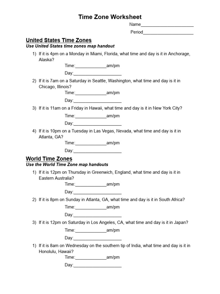 USGlobalTimeZoneWorksheet 1 | PDF