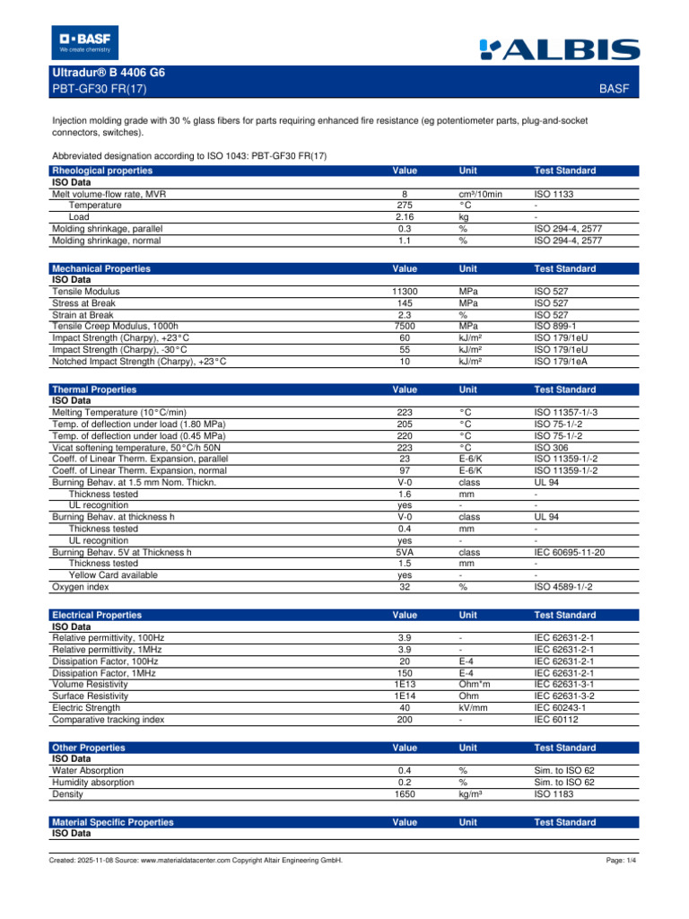 Ultradur B 4406 G6: PBT-GF30 FR(17) Properties | PDF | Strength Of ...