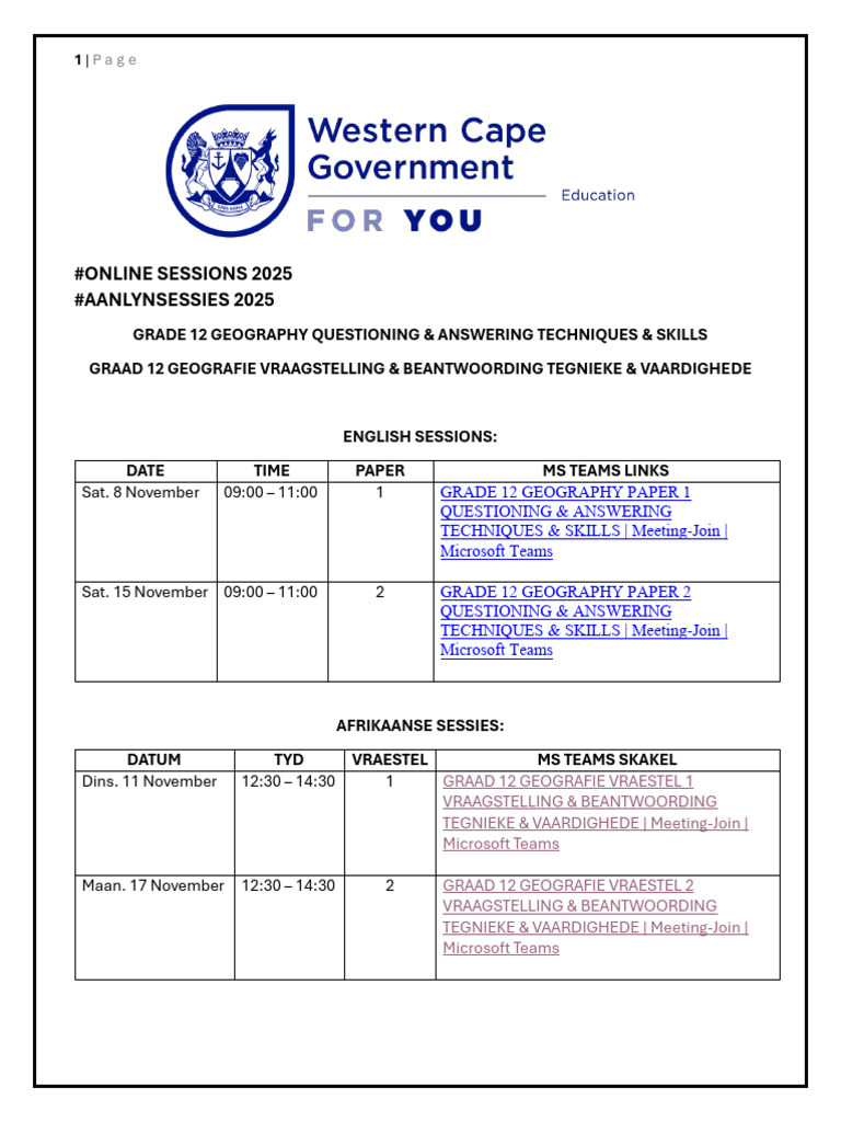 Grade 12 Geography Final Dash_online Ms Teams Links | PDF