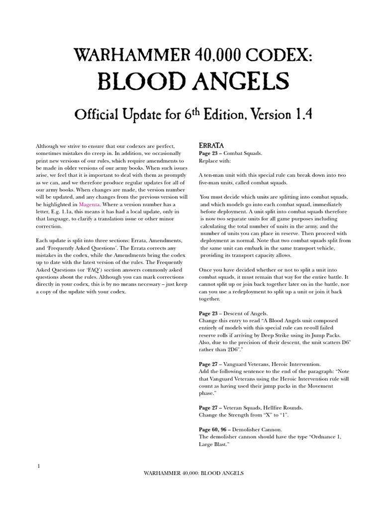 Blood Angels Codex Update 6th Edition | PDF