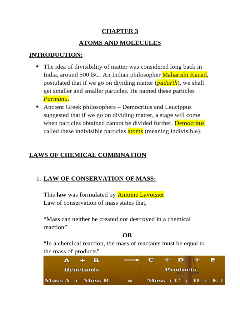 Study Material - Atoms and Molecules | PDF | Ion | Chemical Compounds