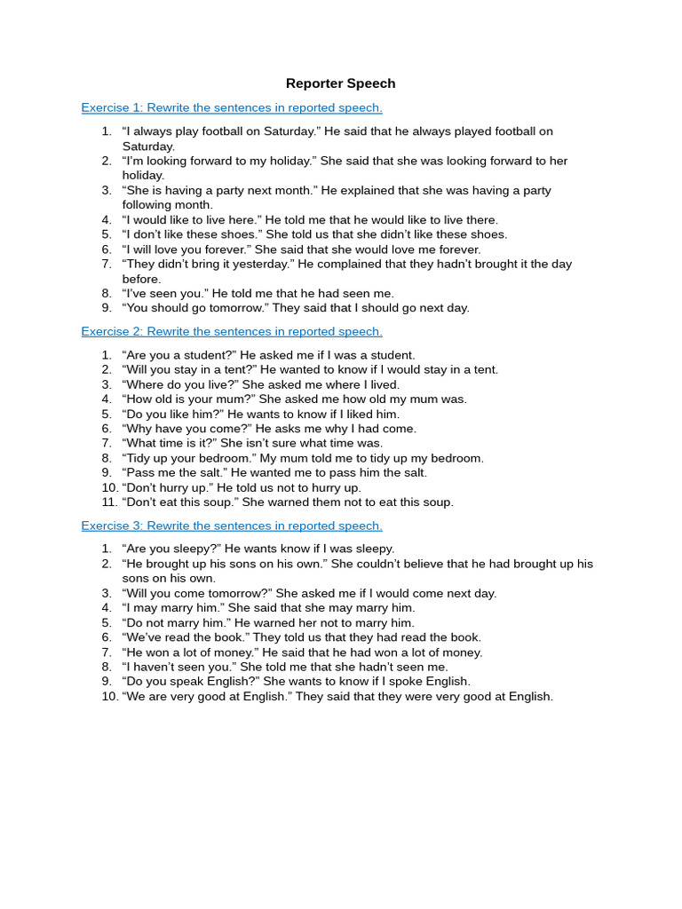 Reporter Speech - Exercises | PDF