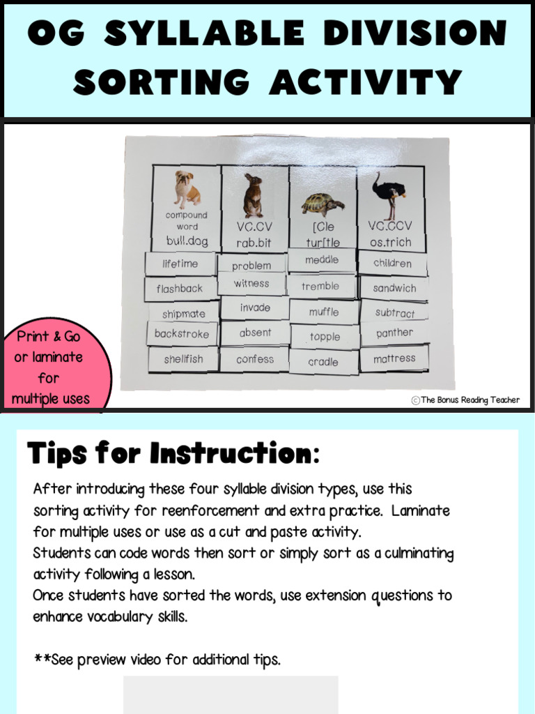 OG Syllable Division Sorting Activity: Print & Go or Laminate For ...