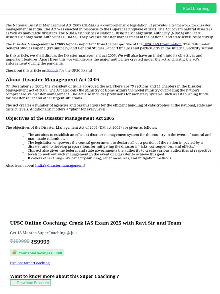 Disaster Management Act, 2005 - Objective, Features & Functions | PDF