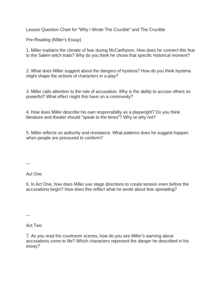 Analyzing "The Crucible" and Miller's Essay | PDF