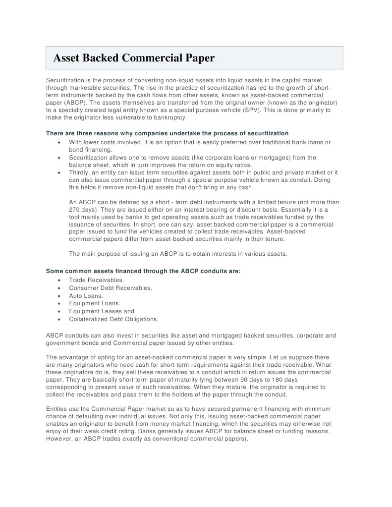 Asset Backed Commercial Paper | Download Free PDF | Asset Backed ...