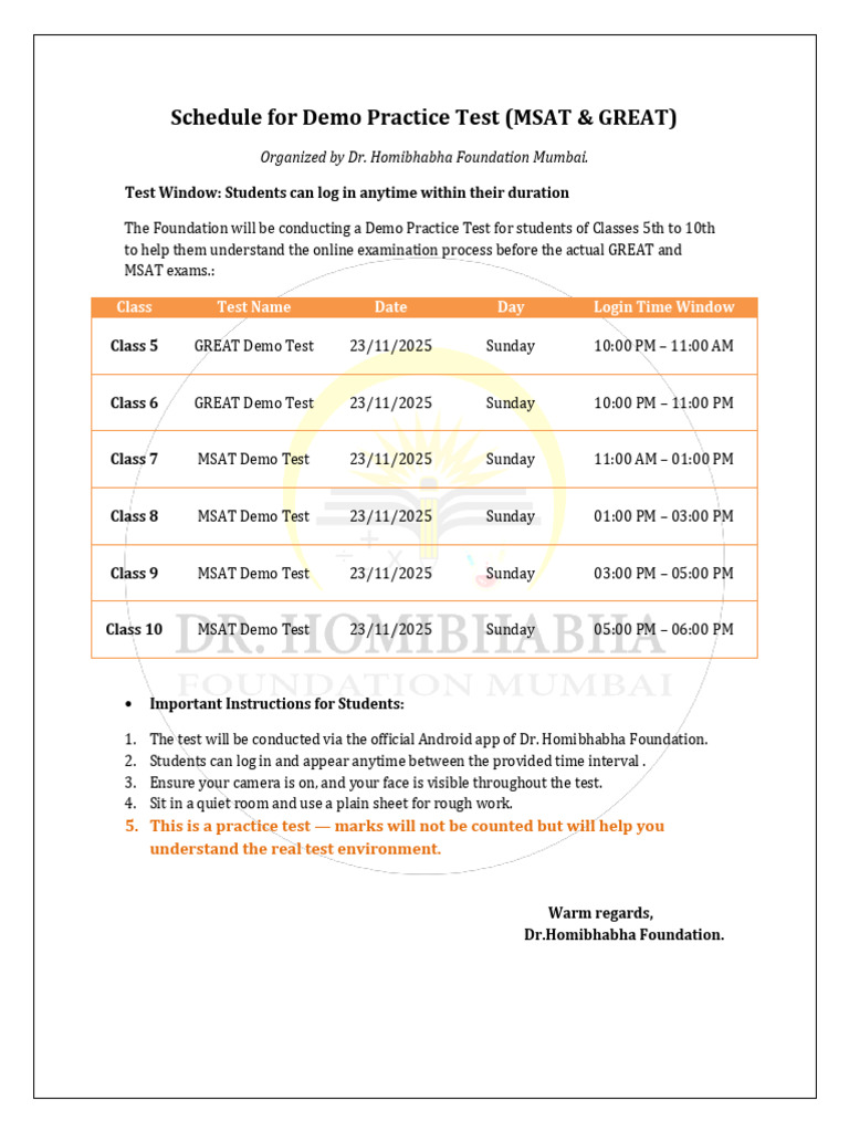 Demo Practice Test Schedule DHBF | PDF