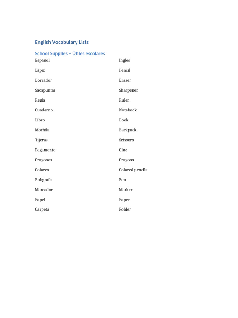 Listas de Vocabulario en Inglés y Español | PDF