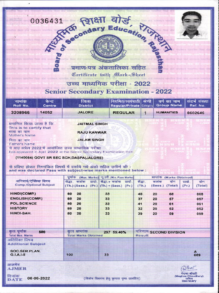 12th Mark Sheet | PDF