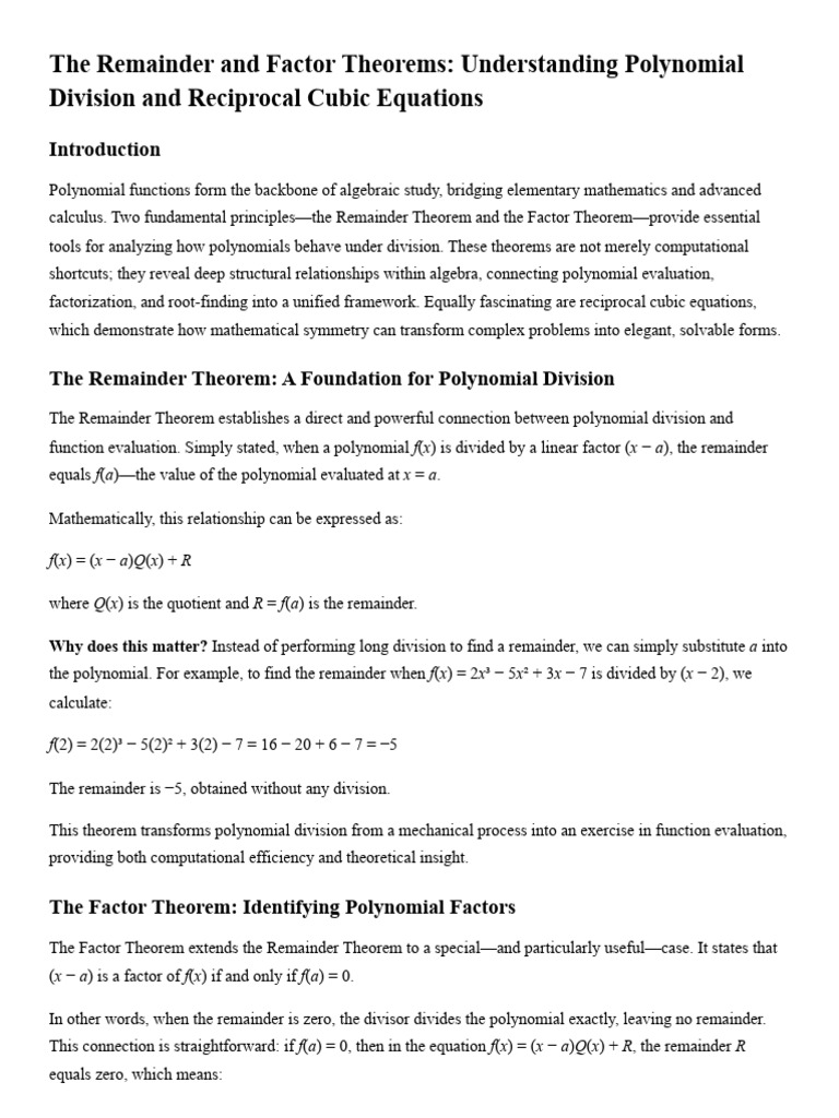 The Remainder and Factor Theorems - Understanding Polynomial Division ...