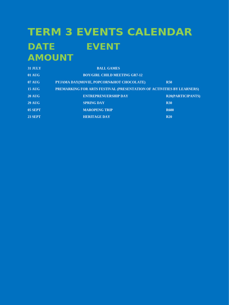 Term 3 Events Calendar 2023 | PDF
